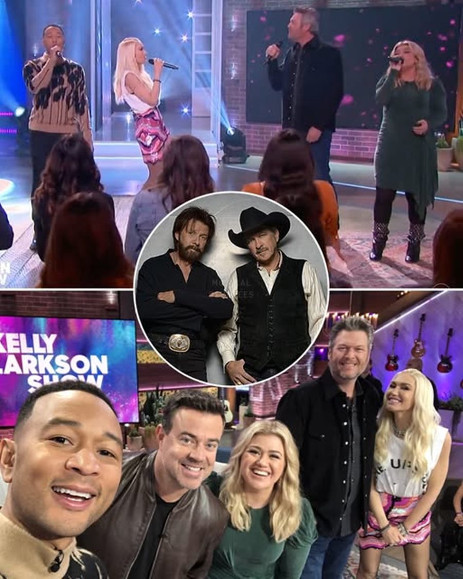 Blake Shelton, Gwen Stefani, John Legend, and Kelly Clarkson stood ...